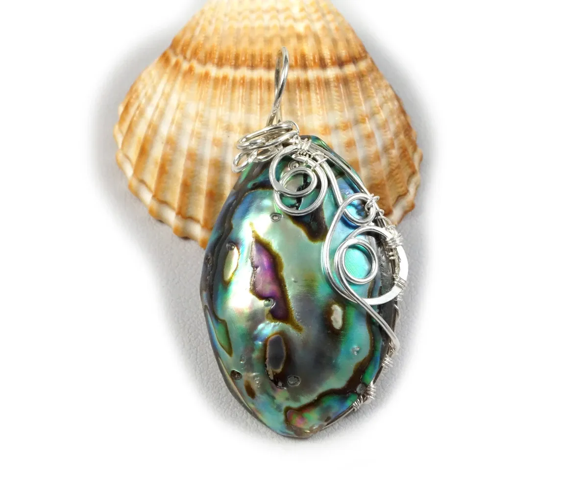 Muszla abalone, Srebrny wisior z muszlą abalone wire wrapped, prezent ...